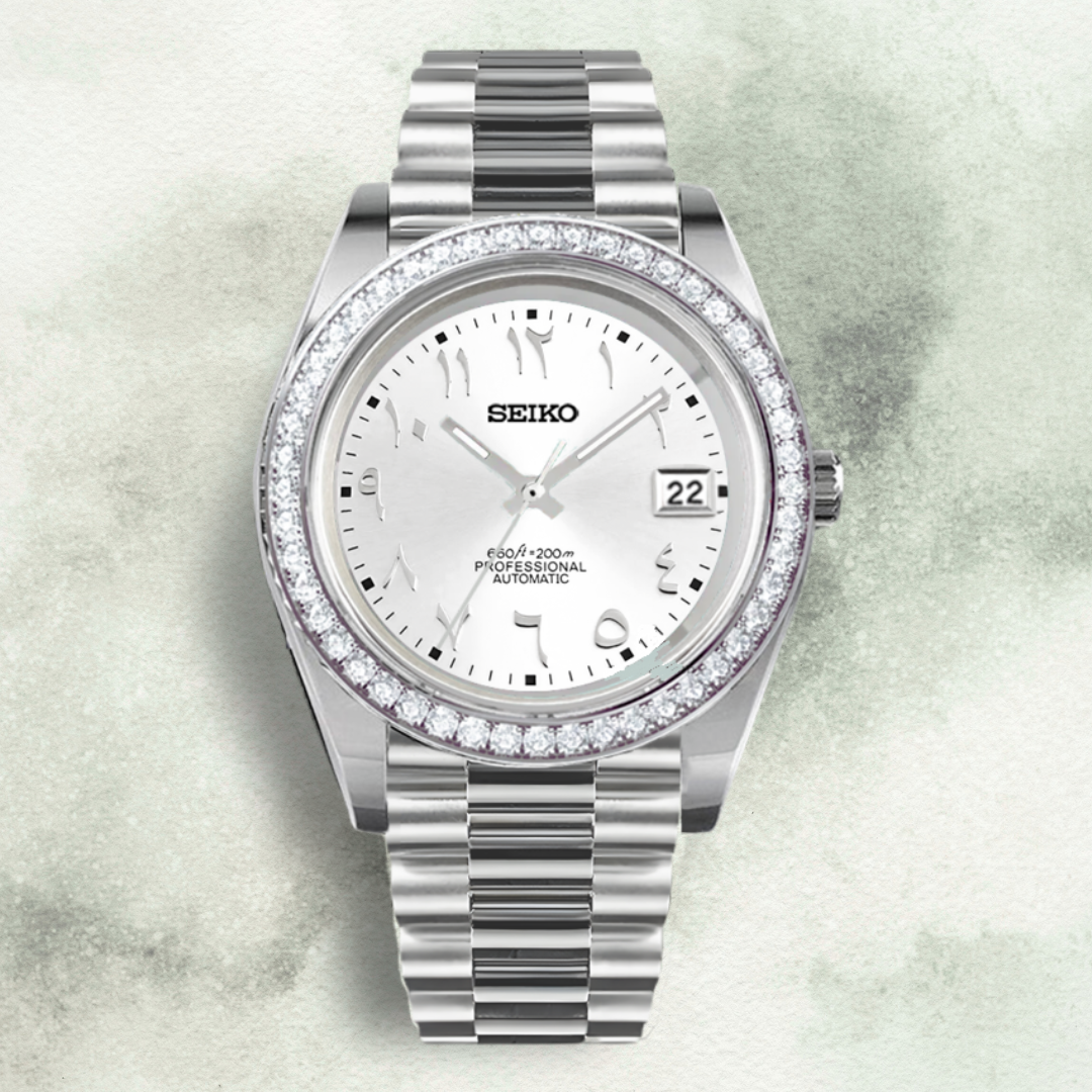 Custom Seiko Gem bezel with Silver Arabic Dial – WatchSurgeon